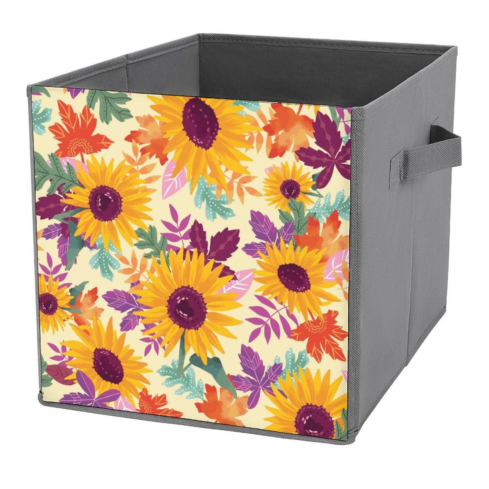 DamTma Storage Cubes Fall Sunflowers 11 Inch Cube Storage Bin with Handles Maple Leaves Fabric Collapsible Cube Baskets for Shelf Toys Clothing Books