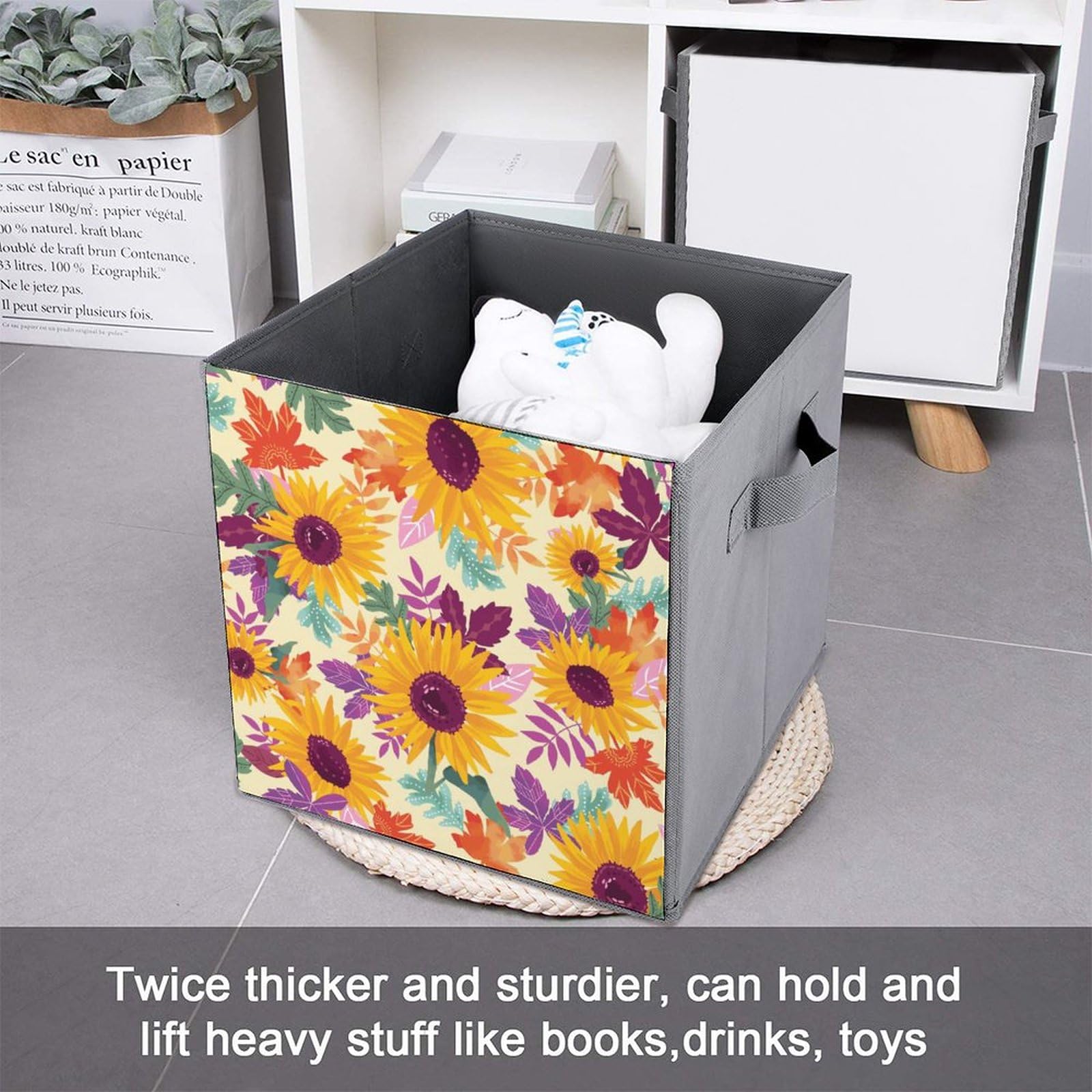 DamTma Storage Cubes Fall Sunflowers 11 Inch Cube Storage Bin with Handles Maple Leaves Fabric Collapsible Cube Baskets for Shelf Toys Clothing Books