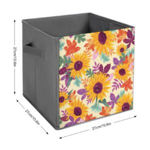 DamTma Storage Cubes Fall Sunflowers 11 Inch Cube Storage Bin with Handles Maple Leaves Fabric Collapsible Cube Baskets for Shelf Toys Clothing Books