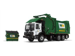 mack terrapro waste management refuse garbage truck with heil half/pack freedom front end loader and cng tailgate white and green with garbage bin 1/34 diecast model by first gear 10-4006d