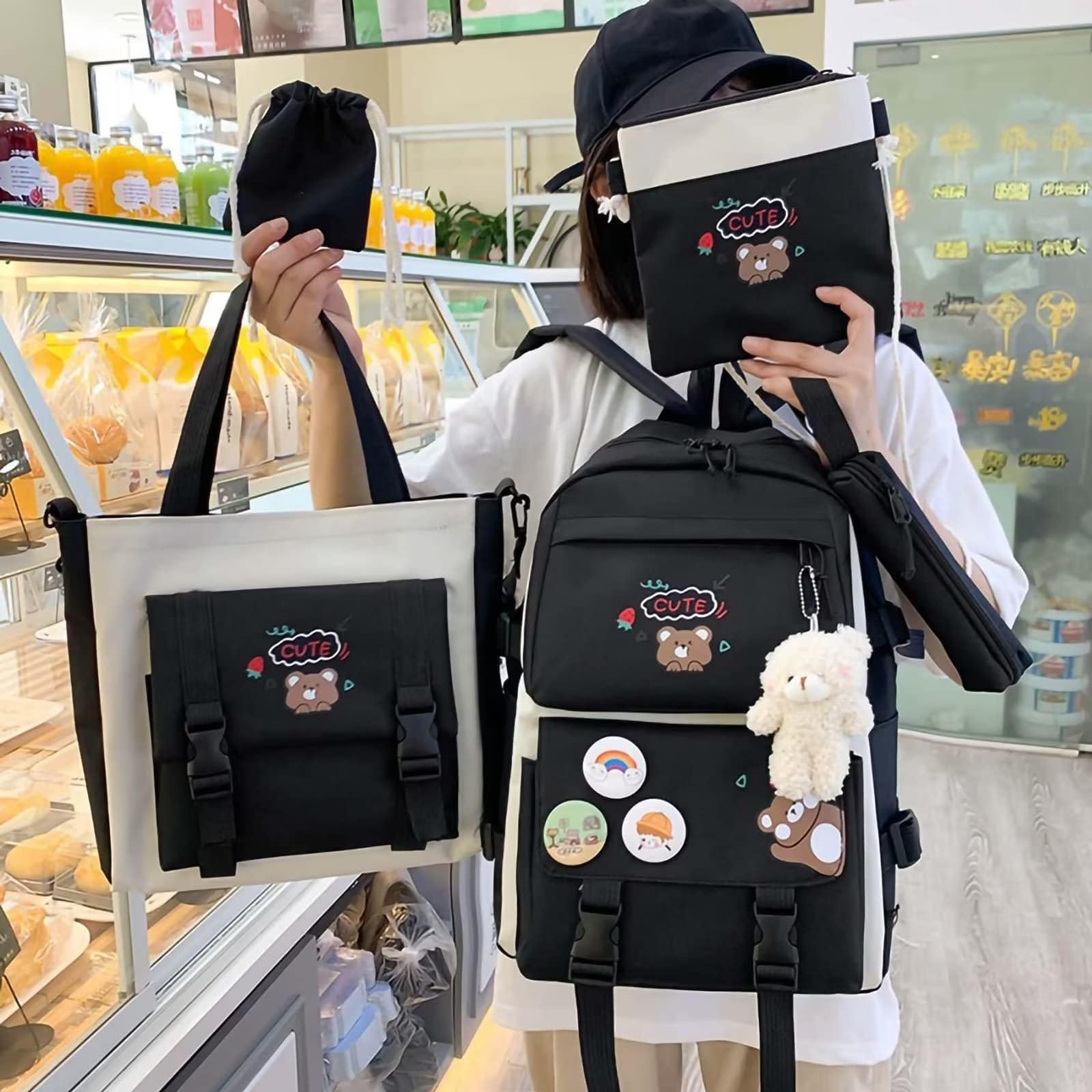 MININAI Kawaii Backpack Set with Cute Pendant Fit 15.6 inch Laptop Women Kawaii Korean Aesthetic Preppy Accessories (Black,One Size)