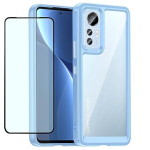 gtbdeki clear case for xiaomi 12 lite case, 2203129g case with hd screen protector, anti-scratch shockproof clear hard pc + tpu bumper protective cover case for xiaomi 12 lite 5g crystal blue