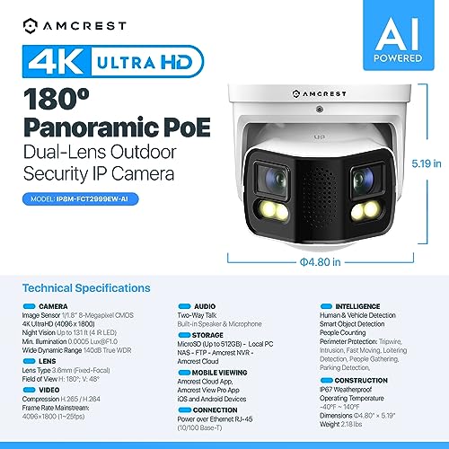 Amcrest Dual-Lens 4K (8MP) Outdoor Security POE Camera, 2 x 4MP Lenses PoE AI Turret IP Camera, 131ft Night Color, Human/Vehicle Detection, Panoramic 180° FOV, 2 x 4MP@25fps IP8M-FCT2999EW-AI (White)