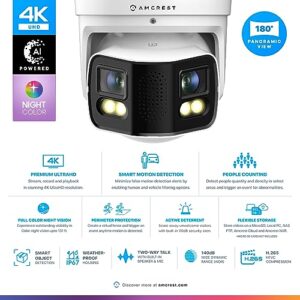 Amcrest Dual-Lens 4K (8MP) Outdoor Security POE Camera, 2 x 4MP Lenses PoE AI Turret IP Camera, 131ft Night Color, Human/Vehicle Detection, Panoramic 180° FOV, 2 x 4MP@25fps IP8M-FCT2999EW-AI (White)