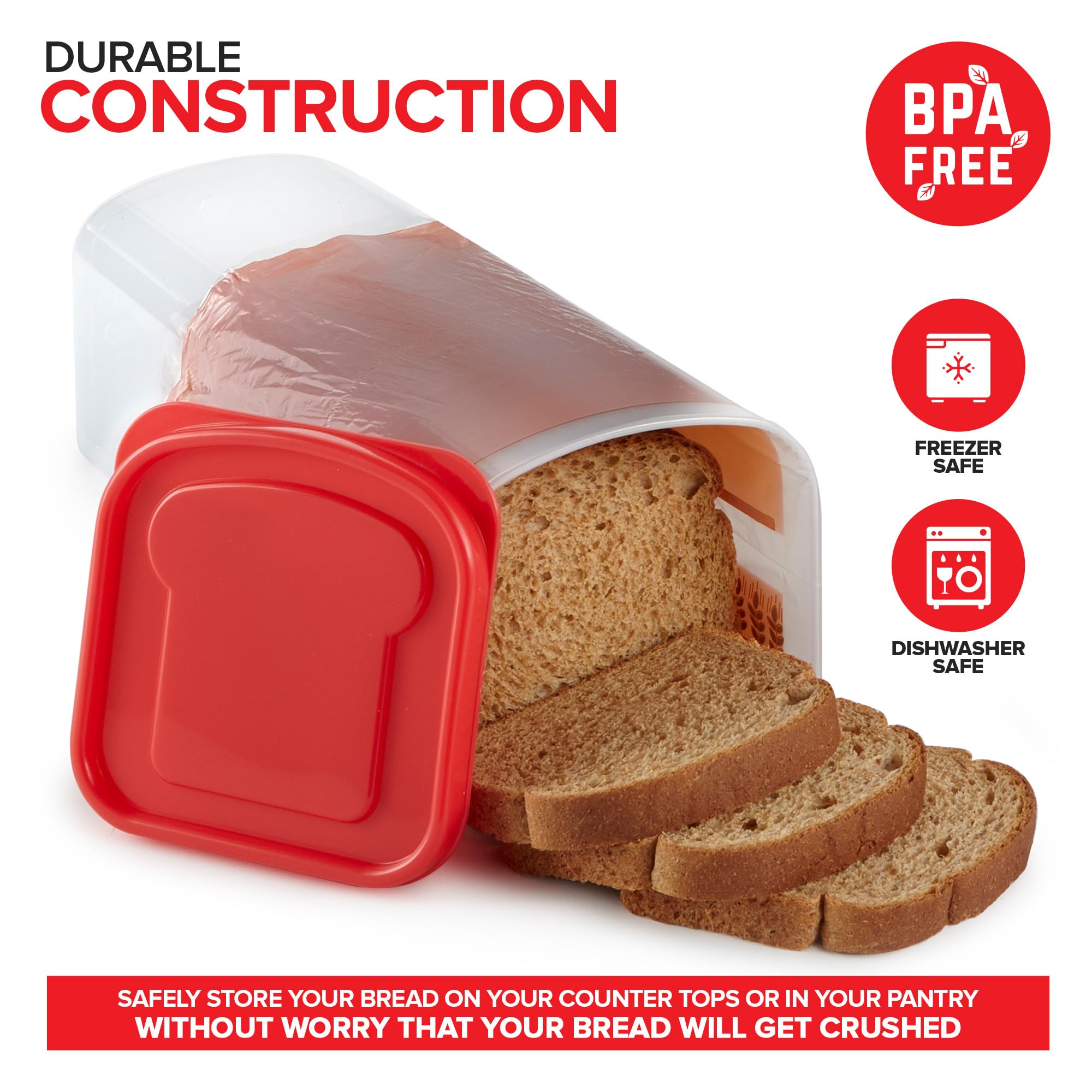 Stock Your Home Bread Container (2 Pack) Bread Loaf Keeper, Fresh Bread Storage Container, Clear Sandwich Bread Saver, Bread Holder - Bread Bin for Bun, Bagel, and Bread Loaf, Plastic Bread Box (Red)