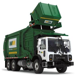 Mack TerraPro Waste Management Refuse Garbage Truck with Wittke Front Load White and Green with Garbage Bin 1/34 Diecast Model by First Gear 10-4001D