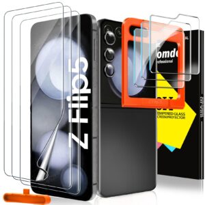 milomdoi [9 in 1] for samsung galaxy z flip 5 screen protector, 3 pack inner screen flexible film + 3 pack tempered glass back screen protector + 3 pack camera protector with easy installation frame