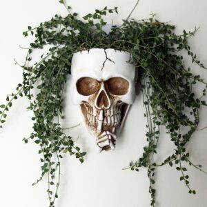 dolkgy skull wall planter for indoor outdoor plants, hanging skull vase unique face flower pot head planters, resin skeleton gothic planter for home decorations, white skull hanging planter