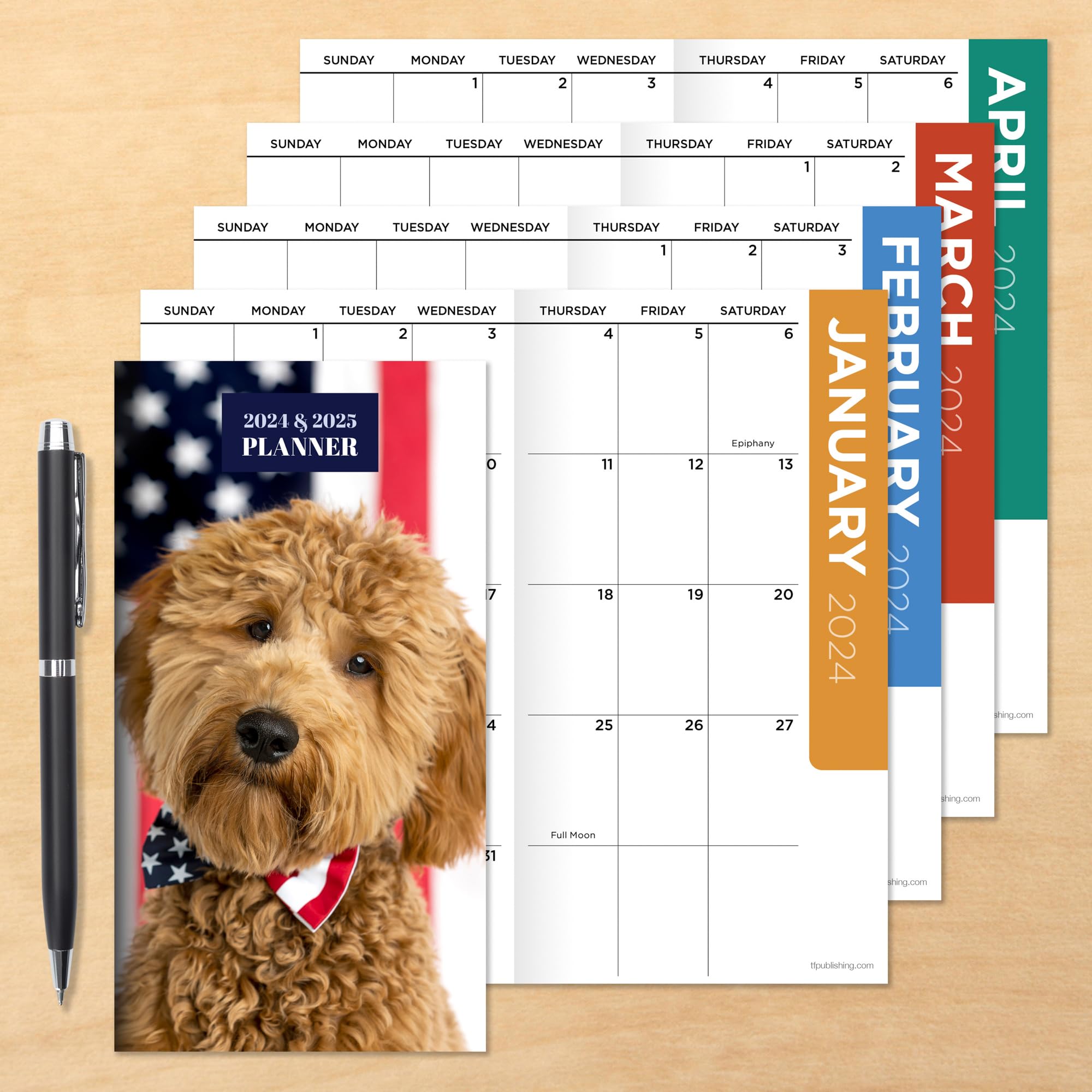 TF PUBLISHING 2024-2025 USA Doodle Dog 2-Year Small Monthly Pocket Planner | 2-Page Large Calendar Grid and Lined Notes Section in Back | Monthly Day Planner for Purse | 3.5" x 6.5"