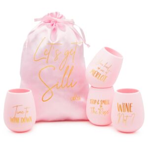 Noble Nest Pink Silicone Wine Glasses | Set of 4 Wine Cups with Wine-Theme Phrases | Unbreakable Wine Glasses - Reusable Stemless Wine Glass | Silicone Cups | Plastic Wine Glasses - Drinking Glasses