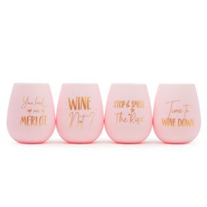 Noble Nest Pink Silicone Wine Glasses | Set of 4 Wine Cups with Wine-Theme Phrases | Unbreakable Wine Glasses - Reusable Stemless Wine Glass | Silicone Cups | Plastic Wine Glasses - Drinking Glasses