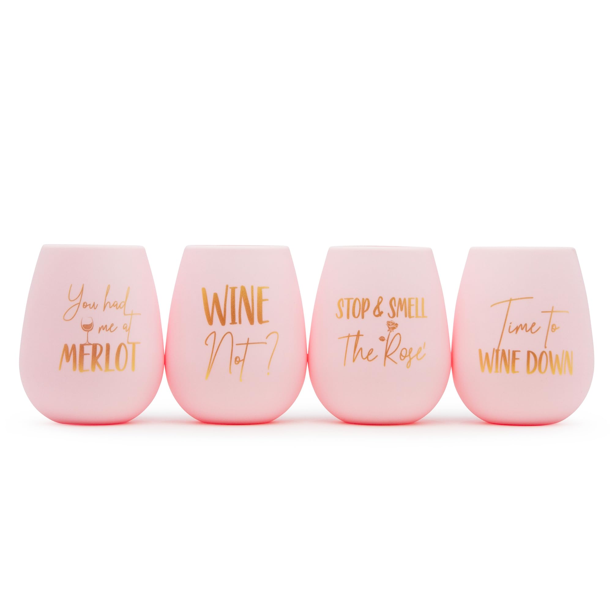 Noble Nest Pink Silicone Wine Glasses | Set of 4 Wine Cups with Wine-Theme Phrases | Unbreakable Wine Glasses - Reusable Stemless Wine Glass | Silicone Cups | Plastic Wine Glasses - Drinking Glasses