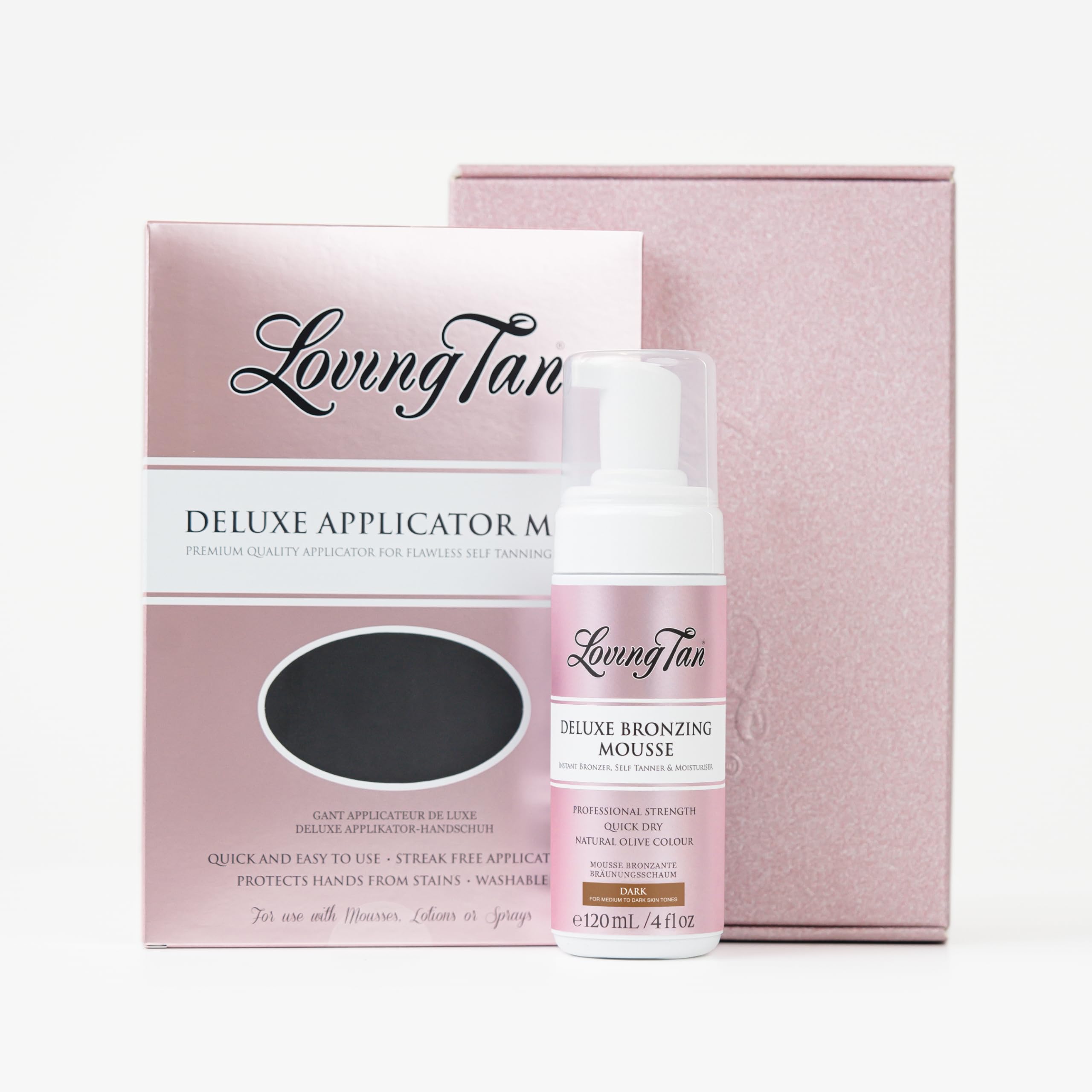 Loving Tan Deluxe Bronzing Mousse, Dark + Deluxe Applicator Mitt - Streak Free, Natural looking, Professional Strength Sunless Tanner - Cruelty Free, Naturally Derived DHA - 4 FL Oz