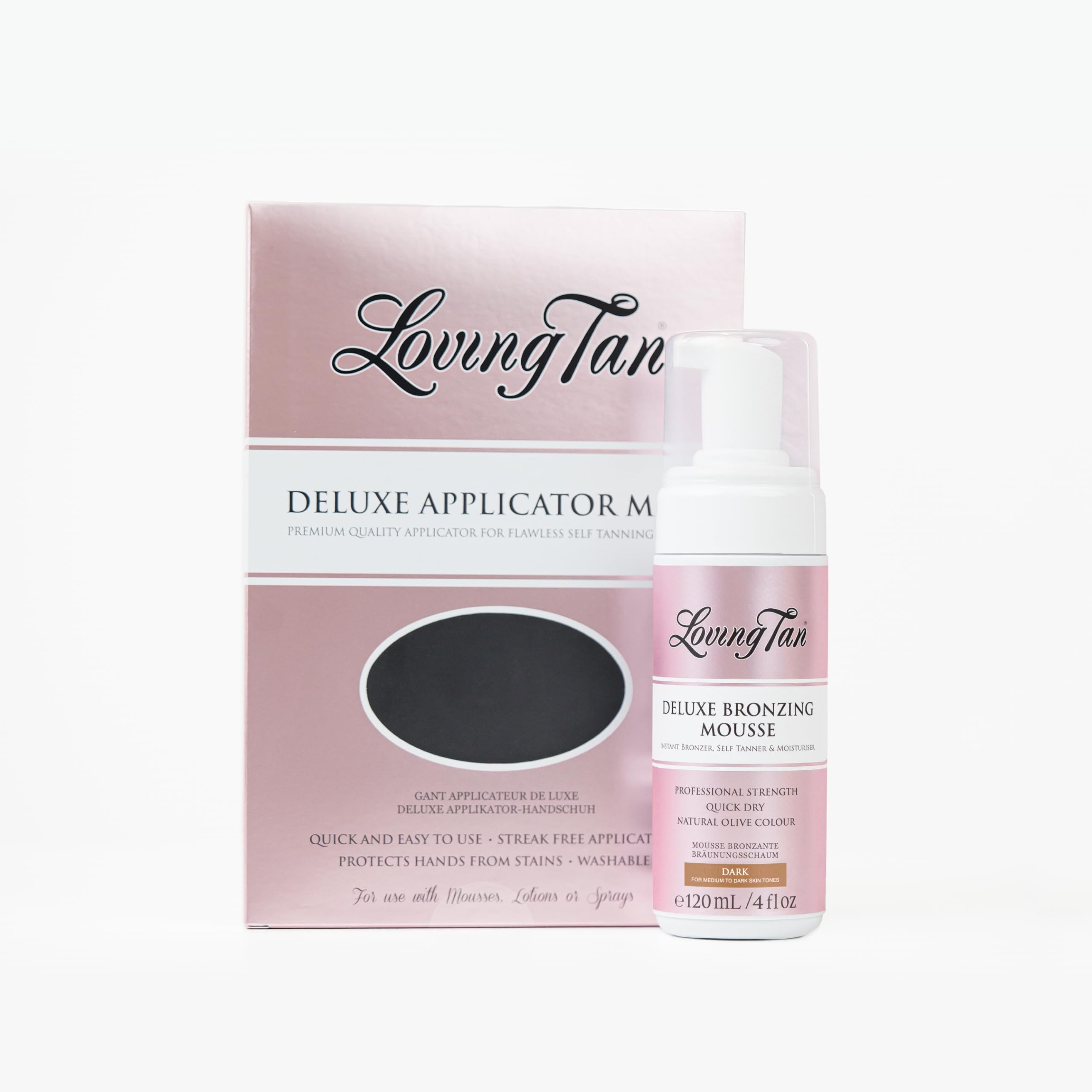 Loving Tan Deluxe Bronzing Mousse, Dark + Deluxe Applicator Mitt - Streak Free, Natural looking, Professional Strength Sunless Tanner - Cruelty Free, Naturally Derived DHA - 4 FL Oz