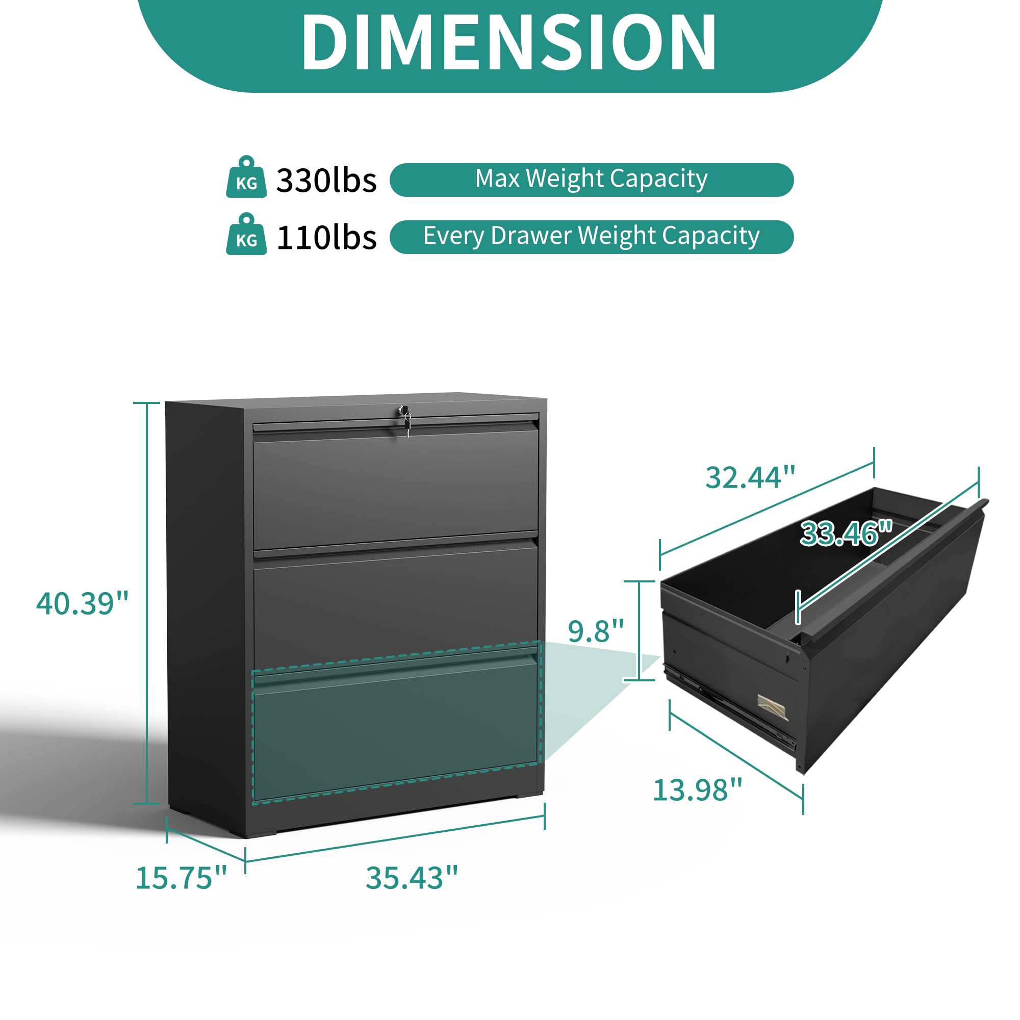 BIZOEIRON 3 Drawer Lateral File Cabinet with Lock, Metal Filing Cabinets for Home Office, Steel Storage Wide File Cabinet for Letter/Legal/F4/A4 Size with Hanging Bars(Black)