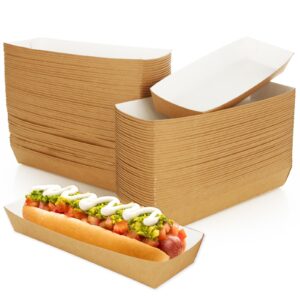 younthye 200pcs 8 inch hot dog trays disposable paper food boats brown food hotdog trays for food take out kraft paper serving tray for party snacks,nachos,hot dogs boats bbq