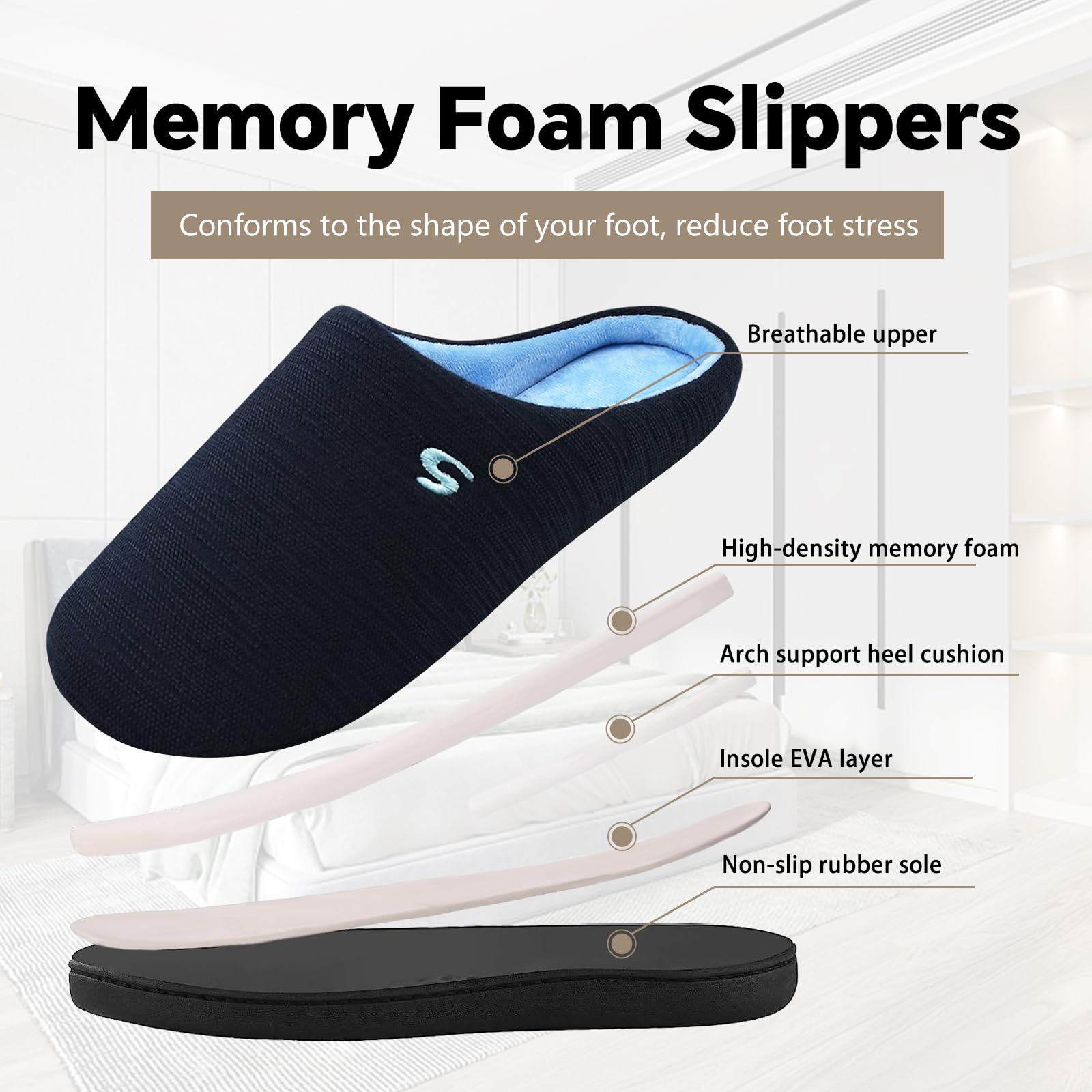 Golonbes Mens House Memory Foam Slippers, Slip on Cozy Slippers for Men, Lightweight House Bedroom Shoes Anti-Slip Rubber Sole with Soft Warm Flannel Lining Machine Washable Indoor Outdoor