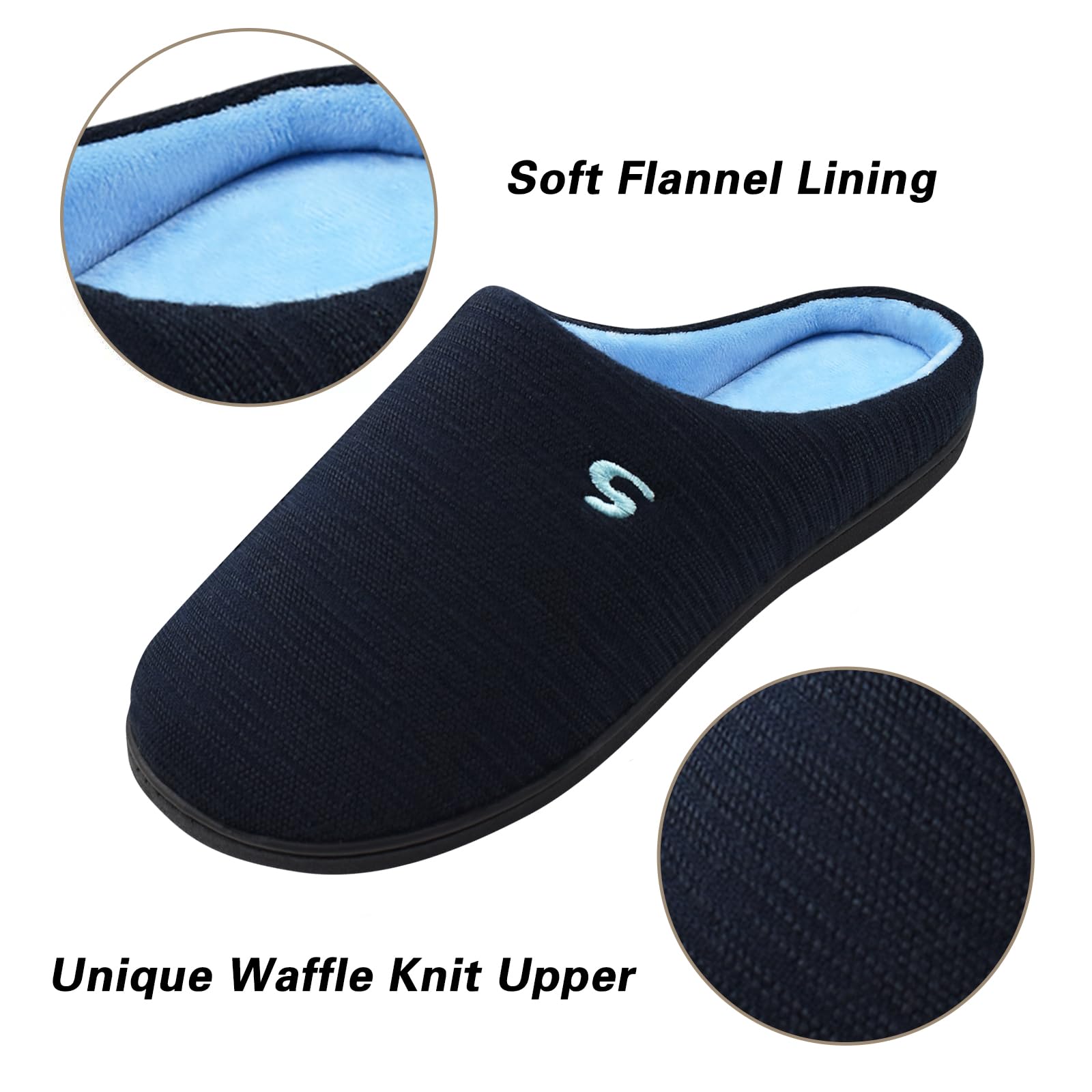 Golonbes Mens House Memory Foam Slippers, Slip on Cozy Slippers for Men, Lightweight House Bedroom Shoes Anti-Slip Rubber Sole with Soft Warm Flannel Lining Machine Washable Indoor Outdoor