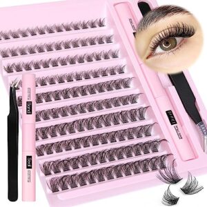 lash extension kit, 130pcs lash clusters with bond seal and lash applicator tool tweezer diy individual eyelashes kit natural d curl 8-16mm lash clusters eyelash extension kit diy at home by jimire