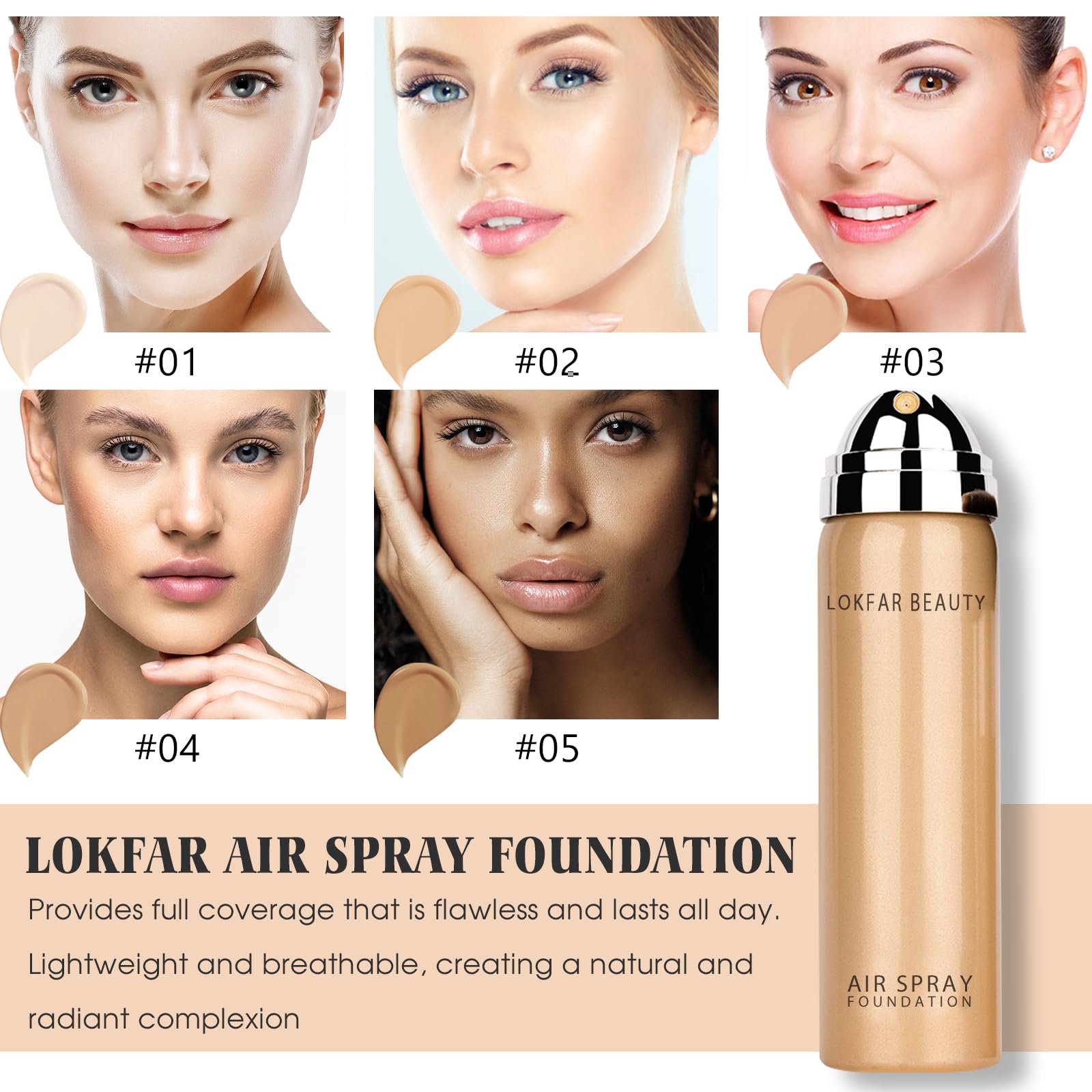 LOKFAR AirBrush Foundation Spray, Silky Mist Foundation Spray Makeup Set with Brush, Full Coverage Foundation for Smooth Radiant Finish, Formula Breathable Lightweight Hydrating | #02 Nude