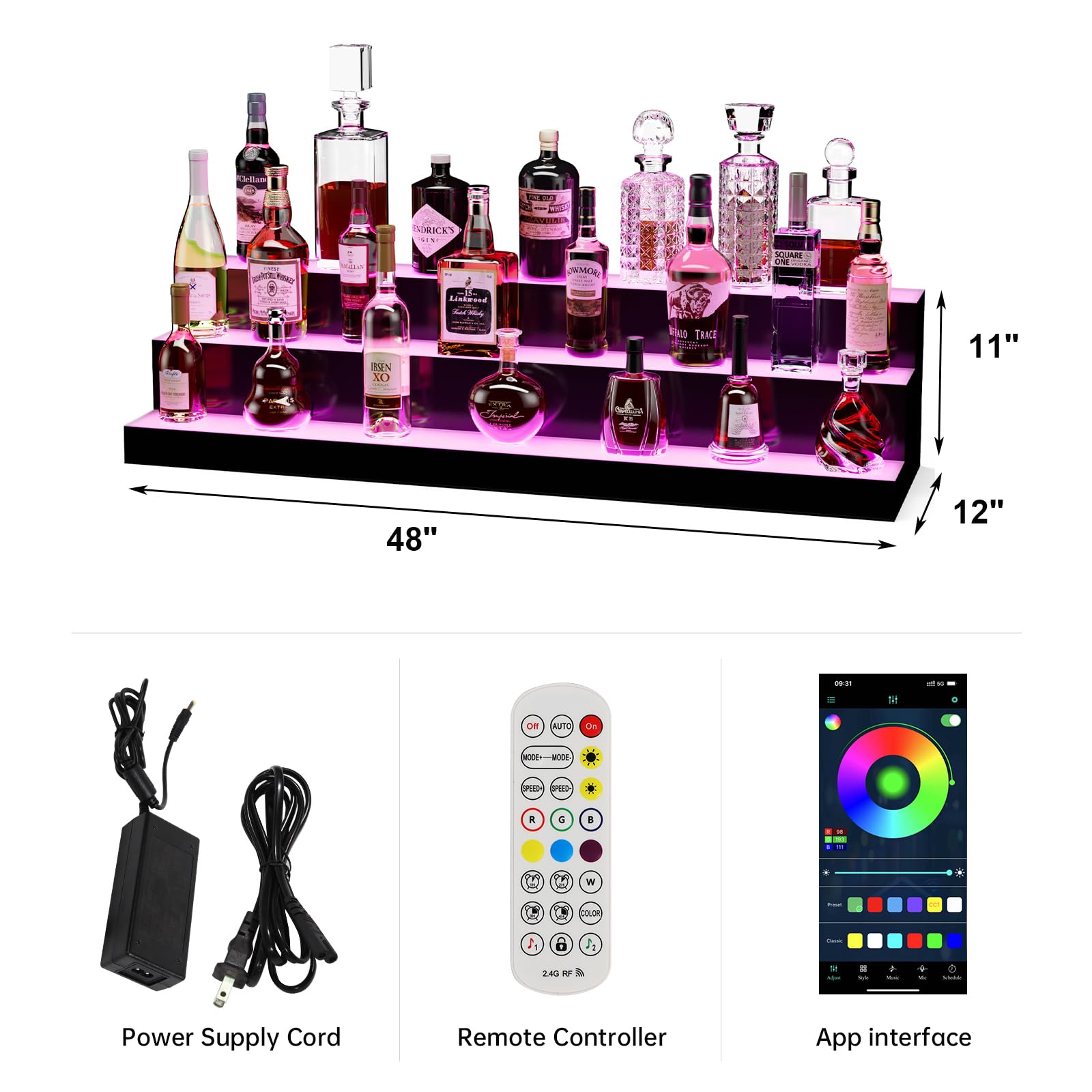 Cimcame Led Lighted Liquor Bottle Display Shelf with Remote Control, 32 Inch 3 Steps Countertop Illuminated Lighting Shelves for Home Commercial Bar Living Room