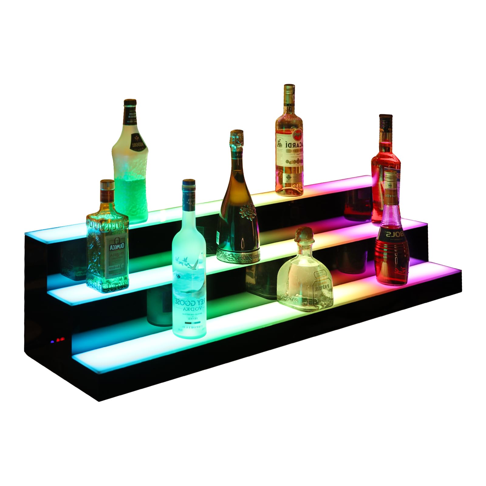 Cimcame Led Lighted Liquor Bottle Display Shelf with Remote Control, 32 Inch 3 Steps Countertop Illuminated Lighting Shelves for Home Commercial Bar Living Room