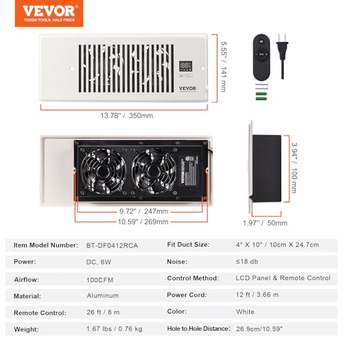 VEVOR Register Booster Fan, Quiet Vent Booster Fan Fits 4” x 12” Register Holes, with Remote Control and Thermostat Control, Adjustable Speed for Heating Cooling Smart Vent, White