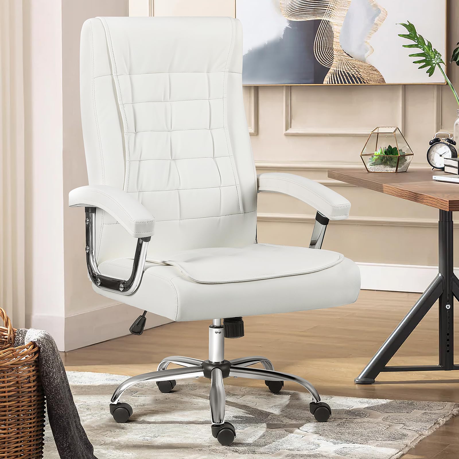 PUKAMI Big and Tall Office Chair,350lbs Leather Office Chair for Heavy People,High Back Executive Desk Chair,Adjustable Home Office Chair with Armrest,Swivel Computer Chair with Spring Seat(White)