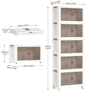 HOOBRO 11 Gal Plastic Storage Bins with Lids, 5 Packs Folding Storage Box with Doors and Wheels, Collapsible Storage Bins Stackable Storage Organizers and Storage Containers Box, White WG542CW01