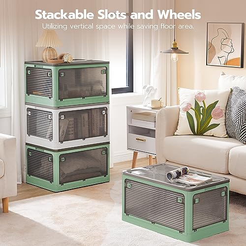 HOOBRO 22.2 Gal Plastic Storage Bins with Lids, Collapsible Storage Bin with Wheels, Folding Storage Box, Stackable Storage Bins with 5 Doors, for Home, Office Organizing, 3-Pack, Green JG84CWP301