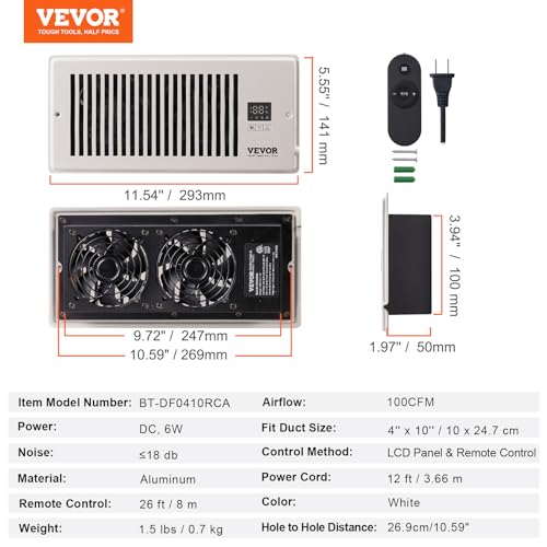 VEVOR Register Booster Fan, Quiet Vent Booster Fan Fits 4” x 10” Register Holes, with Remote Control and Thermostat Control, Adjustable Speed for Heating Cooling Smart Vent, White