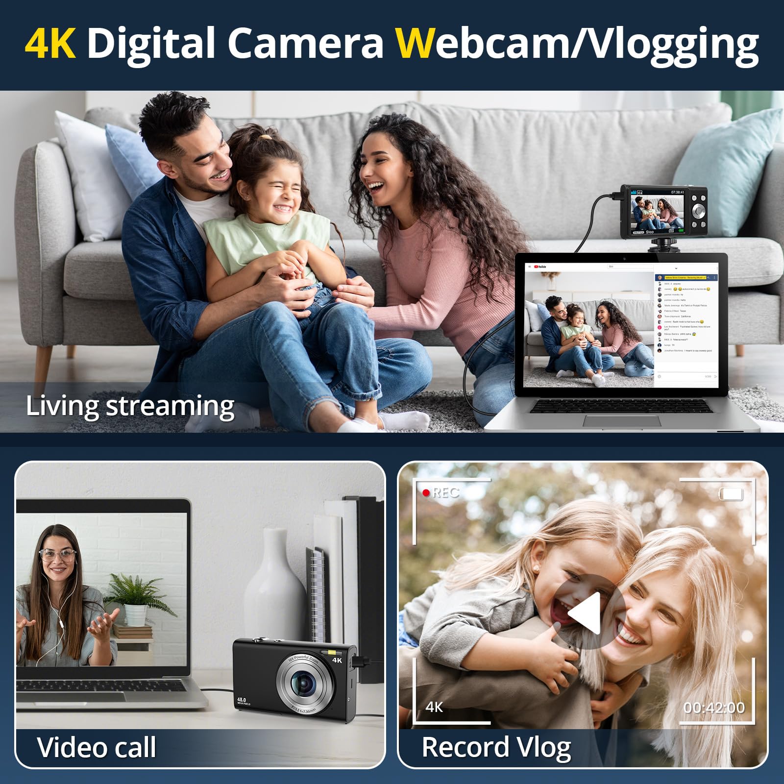 Digital Camera, FHD 4K Autofocus Vlogging Camera 48MP 16X Digital Zoom Digital Camera with 32GB Memory Card YouTube Portable Compact Small Camera for Teens Adult Beginner Kids