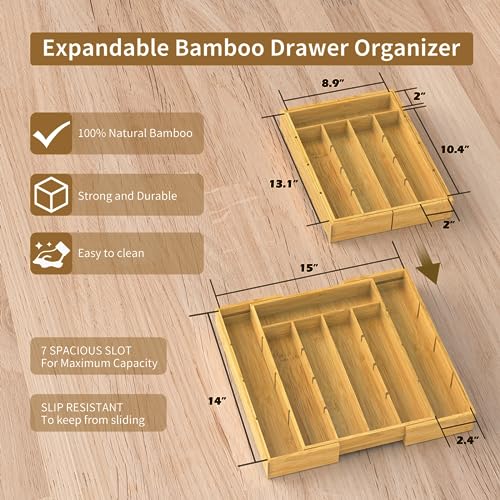 GAOLINE Bamboo Kitchen Drawer Organizer, Expandable Adjustable Silverware Drawer Organizer with 4 Adjustable Boards, Utensil Holder Cutlery Tray for Flatware, Silverware, Kitchen Utensil