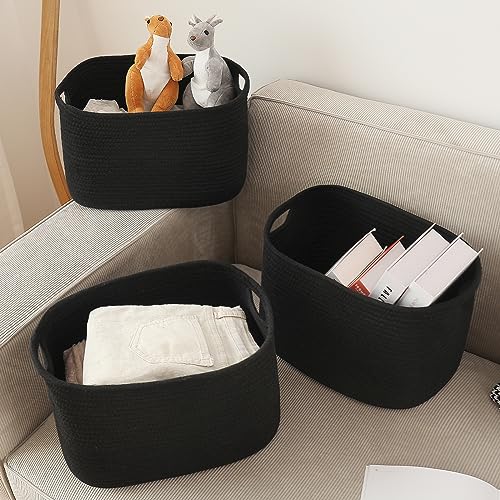 AUSSIY 1 Pack Rope Baskets for Storage Basket, Cotton Rope Woven Basket with Handles. Blanket Basket for Storing Clothes, Toys, Books, Shelves etc, 15''L x 10''W x 9.5''H, Black