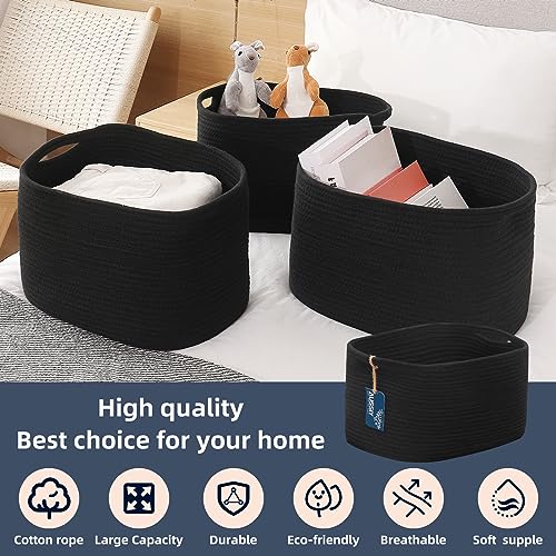 AUSSIY 1 Pack Rope Baskets for Storage Basket, Cotton Rope Woven Basket with Handles. Blanket Basket for Storing Clothes, Toys, Books, Shelves etc, 15''L x 10''W x 9.5''H, Black