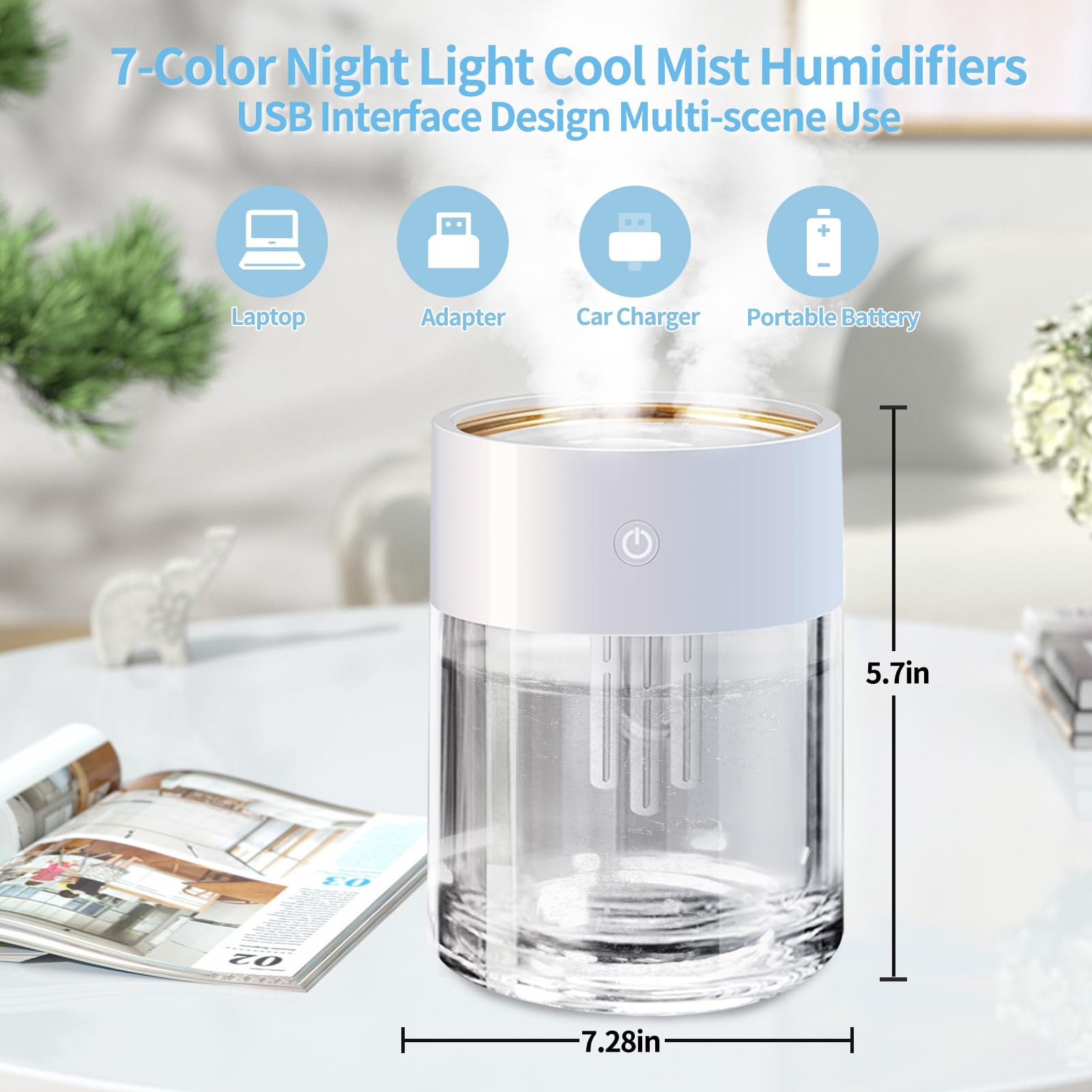 Humidifiers for Bedroom with 7-Color Night Light, 2.2L Ultrasonic Quiet Cool Mist Humidifiers for Home Baby Nursery & Plants with 3 Hole Nozzle, Top Fill Humidifier, Auto Shut-Off, 3 Spray Modes