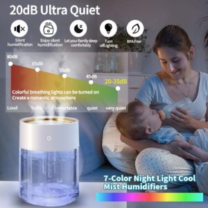 Humidifiers for Bedroom with 7-Color Night Light, 2.2L Ultrasonic Quiet Cool Mist Humidifiers for Home Baby Nursery & Plants with 3 Hole Nozzle, Top Fill Humidifier, Auto Shut-Off, 3 Spray Modes