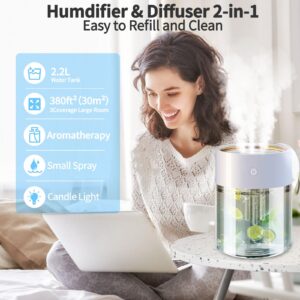 Humidifiers for Bedroom with 7-Color Night Light, 2.2L Ultrasonic Quiet Cool Mist Humidifiers for Home Baby Nursery & Plants with 3 Hole Nozzle, Top Fill Humidifier, Auto Shut-Off, 3 Spray Modes