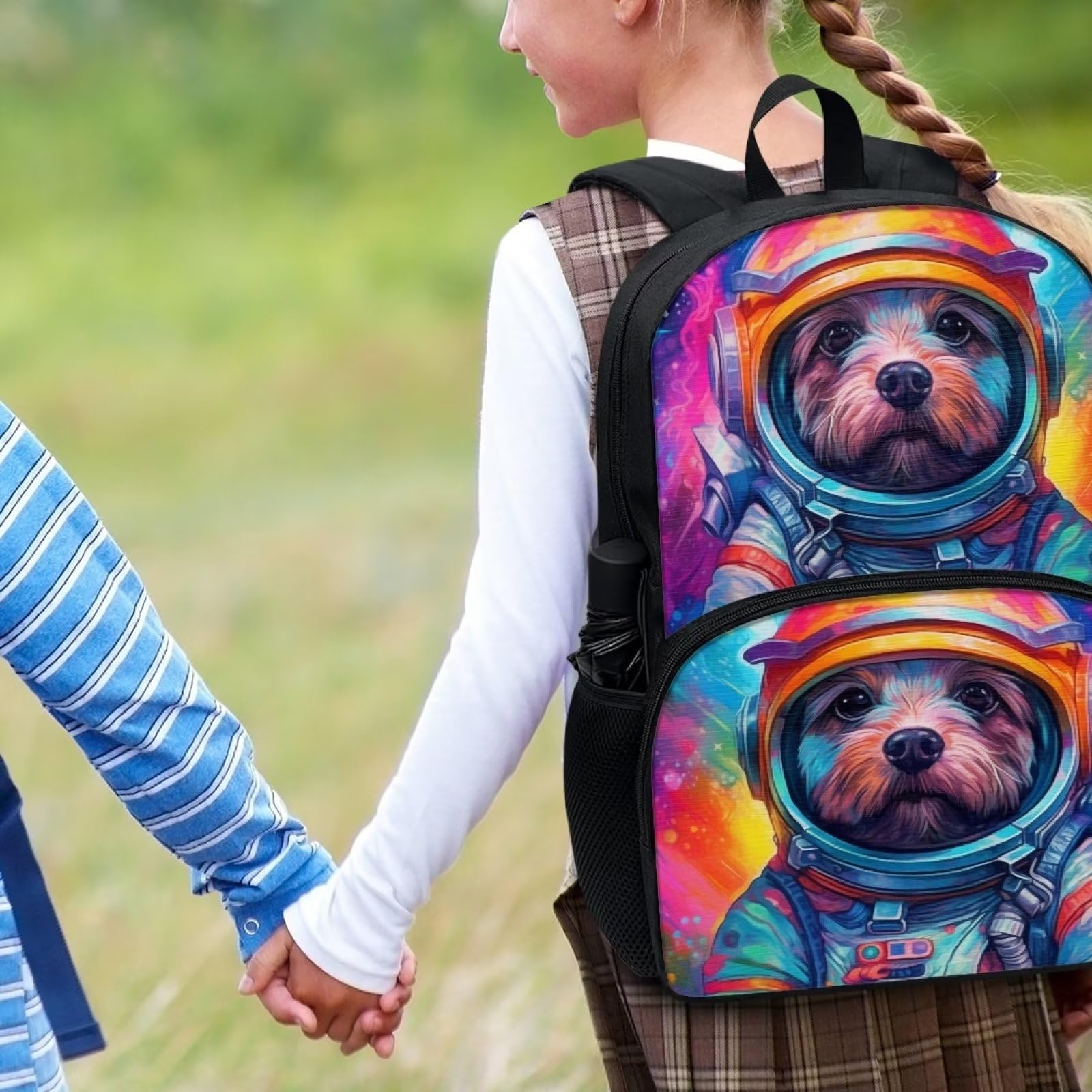 Parprinty Kids Animal Backpack with Front Pocket Students Lightweight Large Capacity 17 Inch Astronaut Dog Print Backpack for Boys Girls Cute Bookbag Padded Back Middle Elementary School Backpacks