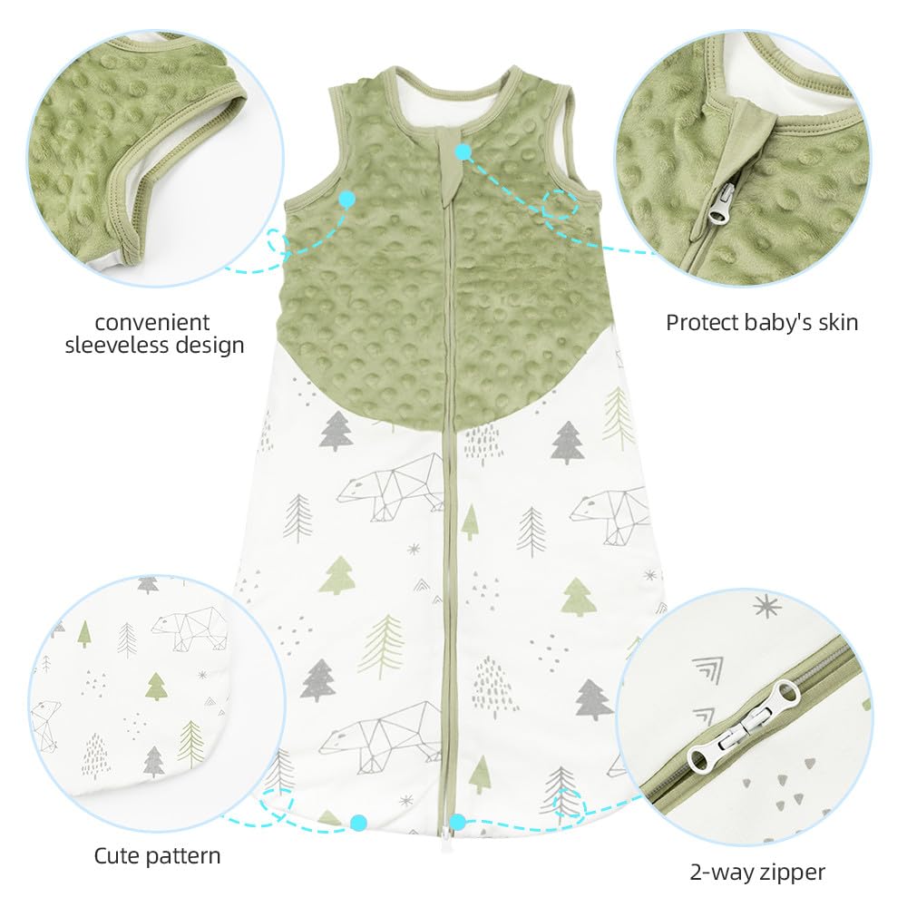 TURMINUS Baby Sleep Sack, 2.0 TOG Baby Wearable Blanket with Plush Minky Dot Sleeveless Cotton Toddler Sleeping Sack with 2-Way Zipper for Newborn Infants, Green, L(12-24 Months)