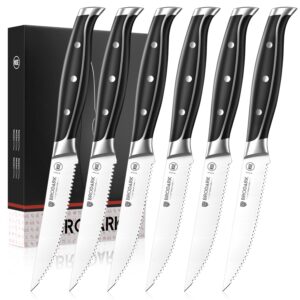 brodark steak knives, serrated steak knives set of 6 with full tang handle, dishwasher safe stainless steel steak knife set, nsf certified, steel-king series