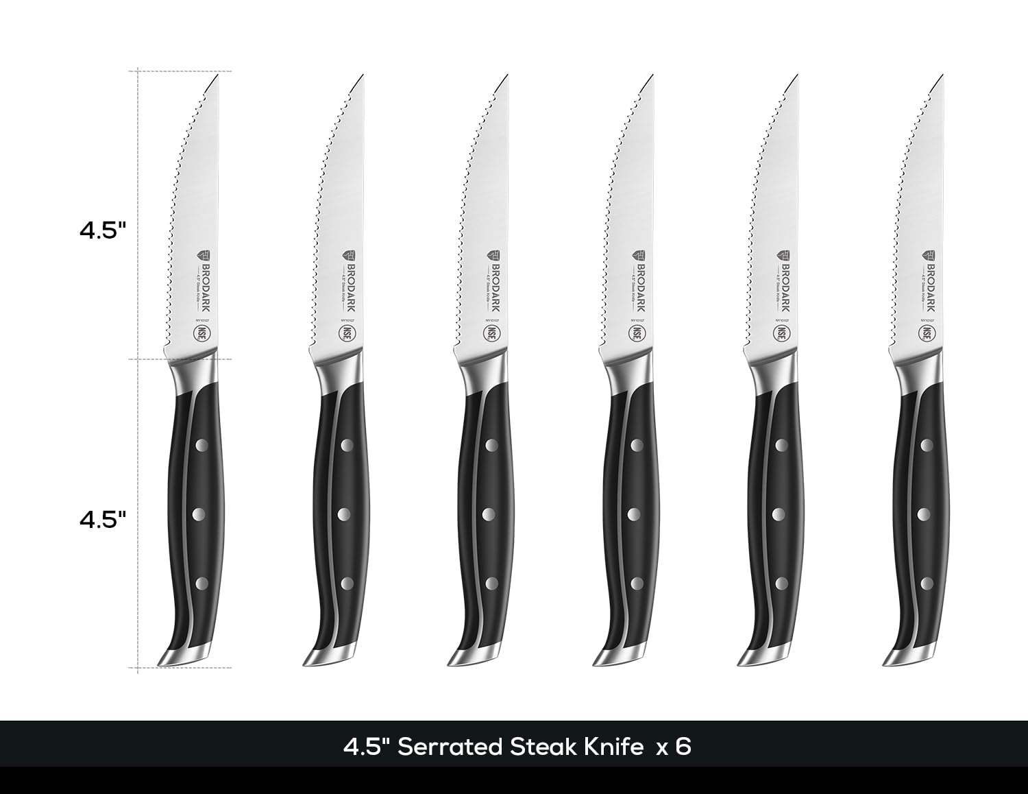 BRODARK Steak Knives, Serrated Steak Knives Set of 6 with Full Tang Handle, Dishwasher Safe Stainless Steel Steak Knife Set, NSF Certified, Steel-King Series