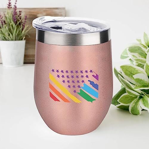 Mighun LGBT Pride Wine Tumbler with Lid Lgbt American Flag Rainbow Vacuum Coffee Tumbler Stainless Steel Coffee Cup for Cold & Hot Drinks Wine Coffee Cocktails Beer 12 Oz