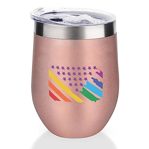 Mighun LGBT Pride Wine Tumbler with Lid Lgbt American Flag Rainbow Vacuum Coffee Tumbler Stainless Steel Coffee Cup for Cold & Hot Drinks Wine Coffee Cocktails Beer 12 Oz