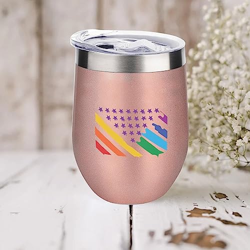 Mighun LGBT Pride Wine Tumbler with Lid Lgbt American Flag Rainbow Vacuum Coffee Tumbler Stainless Steel Coffee Cup for Cold & Hot Drinks Wine Coffee Cocktails Beer 12 Oz