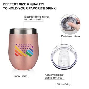 Mighun LGBT Pride Wine Tumbler with Lid Lgbt American Flag Rainbow Vacuum Coffee Tumbler Stainless Steel Coffee Cup for Cold & Hot Drinks Wine Coffee Cocktails Beer 12 Oz