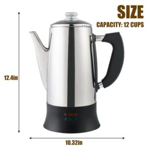 APOXCON 12 Cup Electric Coffee Percolator with ETL Approval Stainless Steel Coffee Maker with Two Heat Resistant Glass Knob One Of Them for Replacement Classic Look Cord-Less Sever Coffee Pot