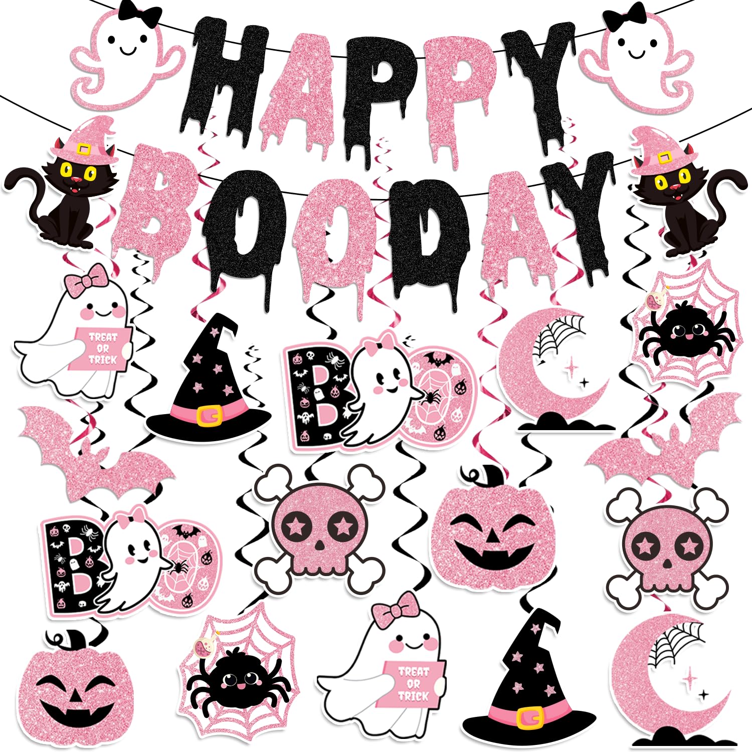 Pink Halloween Party Decorations, Halloween Birthday Party Decorations Includes Happy Boo Day Banner and Halloween Hanging Swirls, Pink Halloween Party Decor for Halloween Outdoor Indoor Supplies