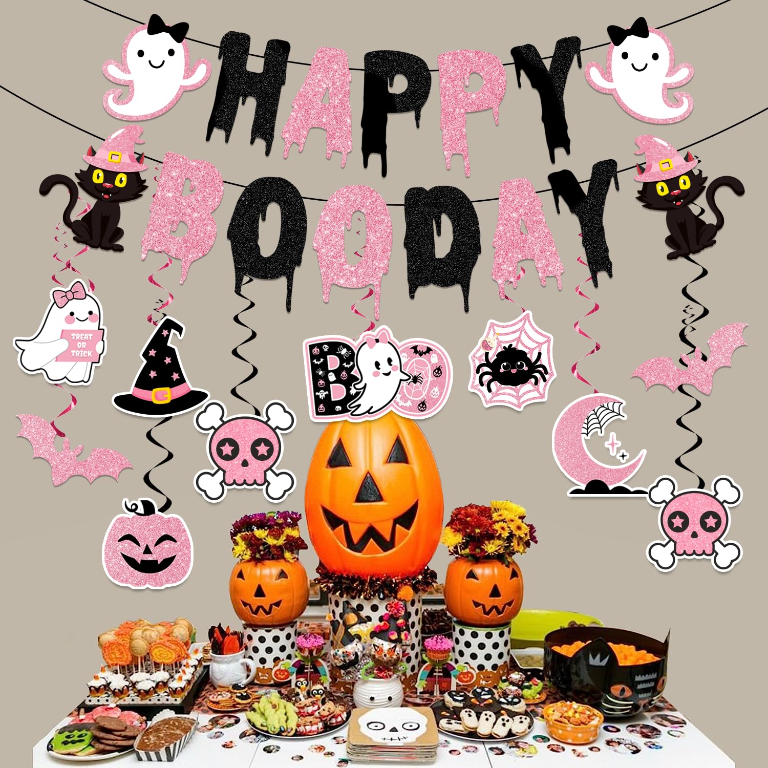 Pink Halloween Party Decorations, Halloween Birthday Party Decorations Includes Happy Boo Day Banner and Halloween Hanging Swirls, Pink Halloween Party Decor for Halloween Outdoor Indoor Supplies