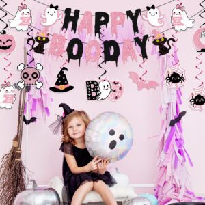 Pink Halloween Party Decorations, Halloween Birthday Party Decorations Includes Happy Boo Day Banner and Halloween Hanging Swirls, Pink Halloween Party Decor for Halloween Outdoor Indoor Supplies